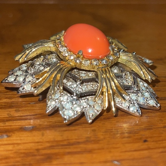 Polcini | Jewelry | Art Deco Polcini Coral Cabochon Crystal Brooch ...